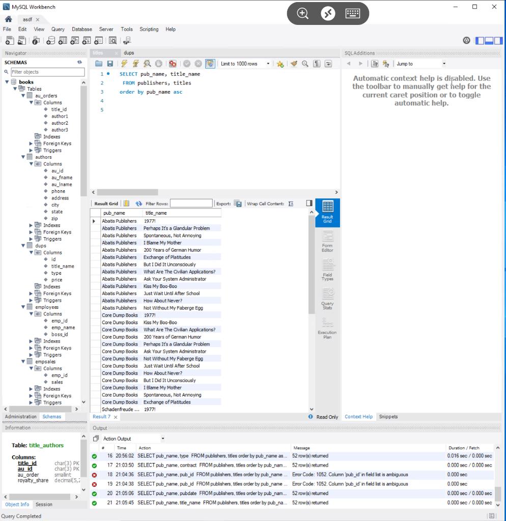 Solved 1 - SELECT pub_name, title_name 2 From publishers, | Chegg.com