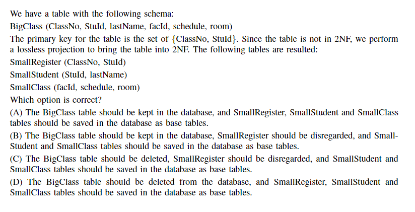 Solved We have a table with the following schema: BigClass | Chegg.com