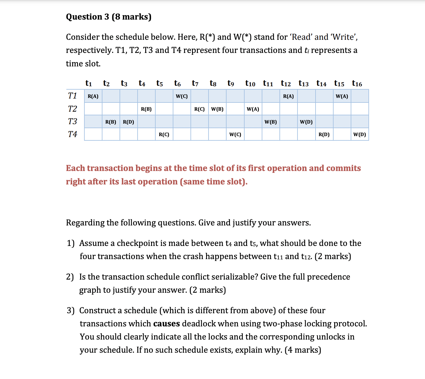 Solved Question 3 (8 ﻿marks)Consider the schedule below. | Chegg.com