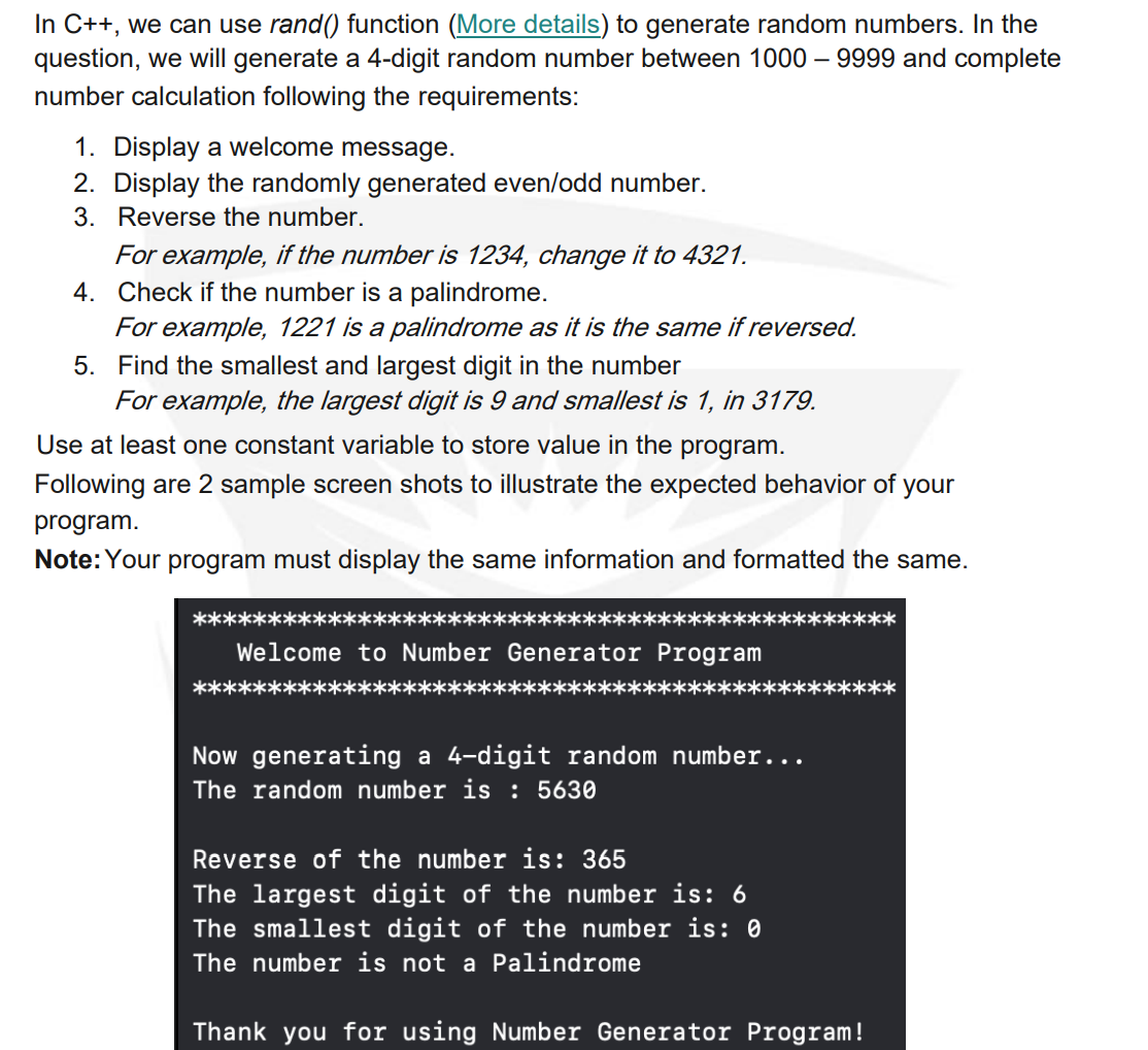 Solved In C++, ﻿we can use rand() ﻿function (More details) | Chegg.com