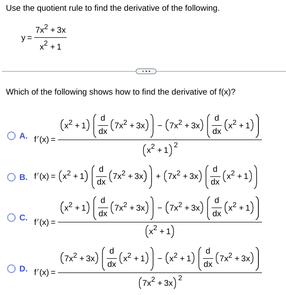 Solved Use the quotient rule to find the derivative of the | Chegg.com