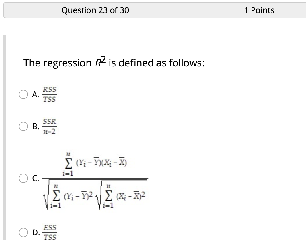 Solved Question 23 of 30 1 Points The regression R2 is | Chegg.com