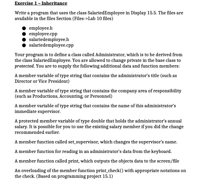 Solved Exercise 1-Inheritance Write a program that uses the | Chegg.com