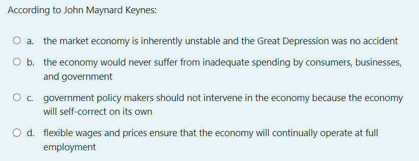 Solved According to John Maynard Keynes: a. the market | Chegg.com