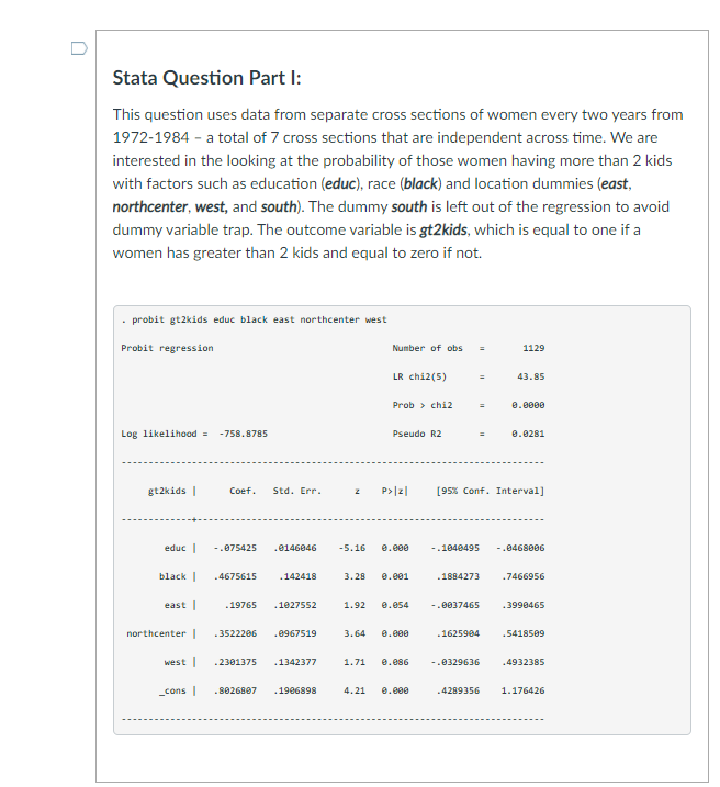 Stata Question Part I: This question uses data from | Chegg.com