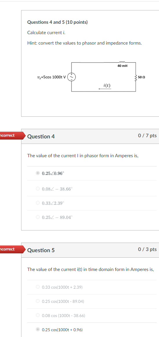 Solved Questions 4 and 5 (10 points) Calculate current i | Chegg.com