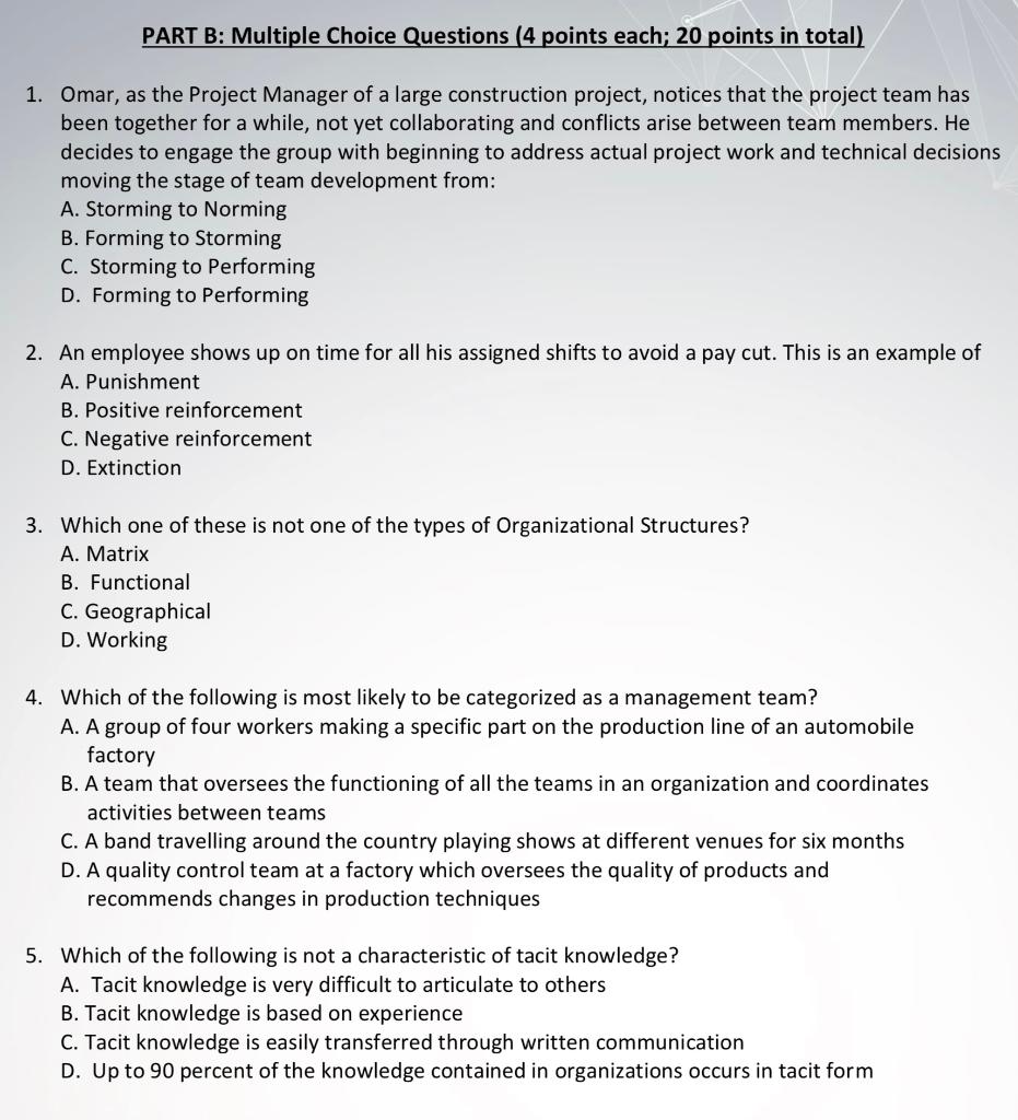 Solved PART B: Multiple Choice Questions (4 points each; 20 | Chegg.com