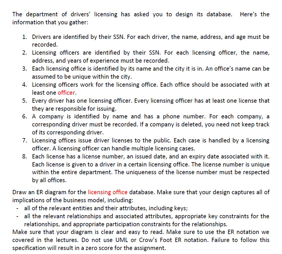Solved Using the ER model for this question:The department | Chegg.com