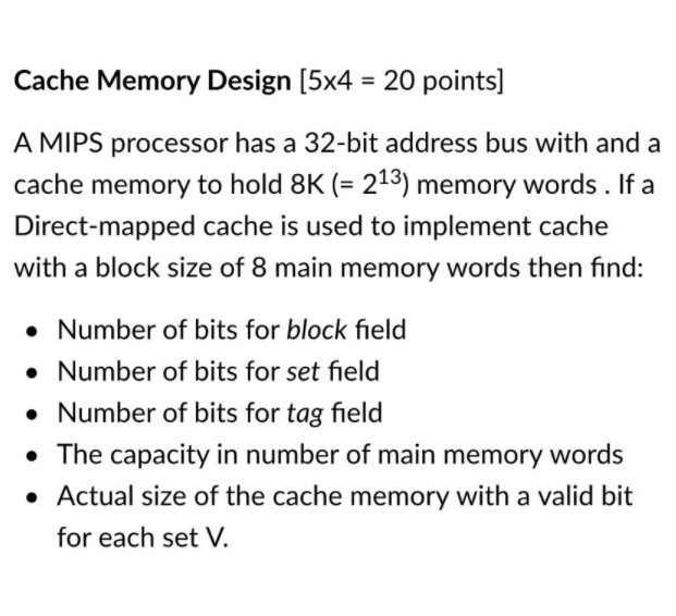 Solved Cache Memory Design (5x4 = 20 points) A MIPS | Chegg.com
