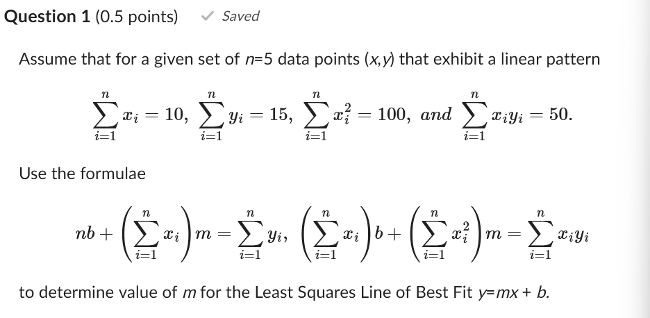 Solved Assume that for a given set of n=5 data points (x,y) | Chegg.com