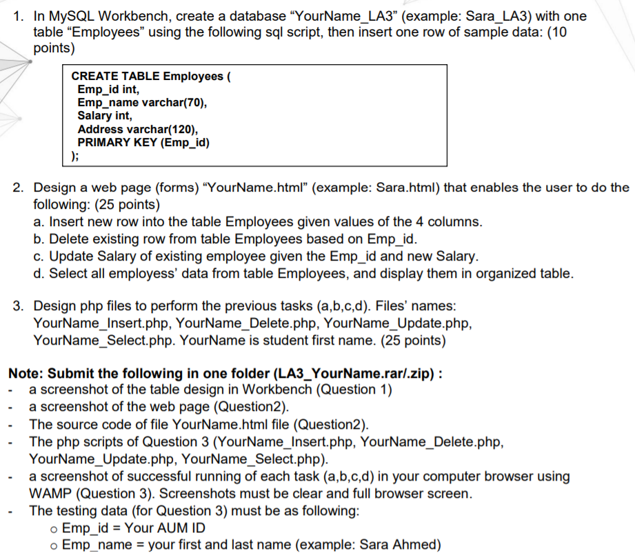 Solved 1. In MySQL Workbench, create a database | Chegg.com