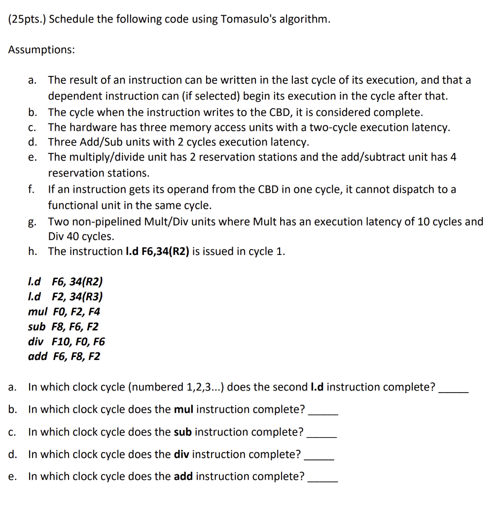 (25pts.) Schedule the following code using Tomasulo's | Chegg.com