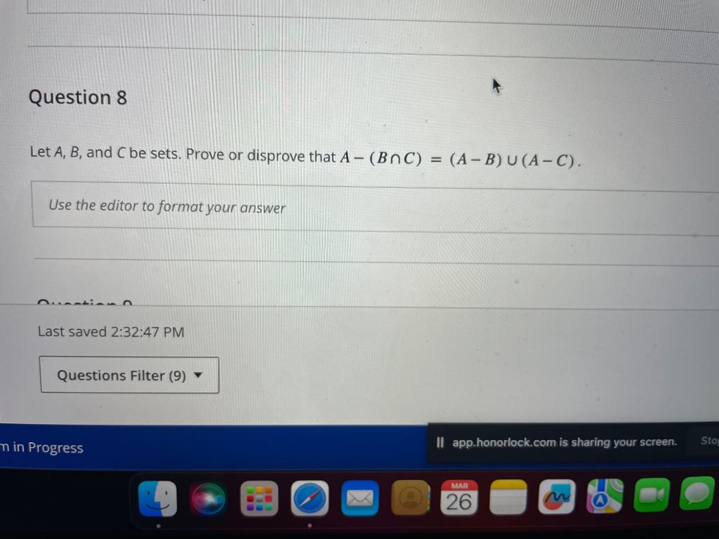 Solved A−(B∩C)=(A−B)∪(A−C) | Chegg.com