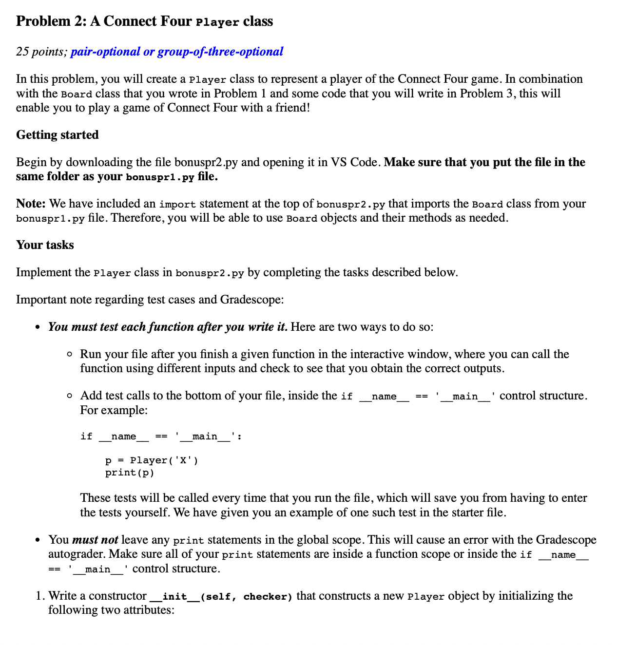 Solved Problem 2: A Connect Four Player class 25 points; | Chegg.com