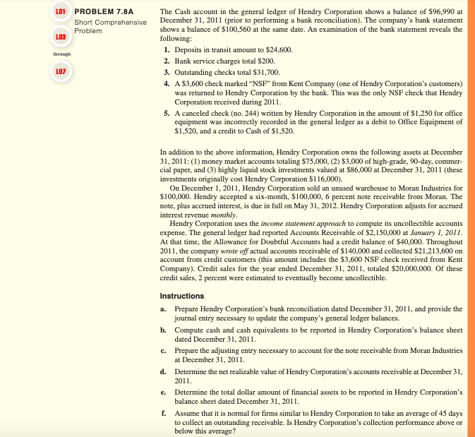 Solved PROBLEM 7.8A The Cash account in the general ledger | Chegg.com