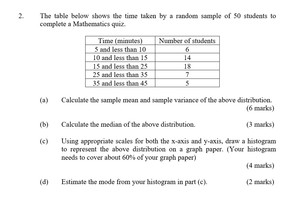 2. The table below shows the time taken by a random | Chegg.com