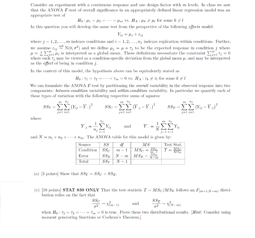Solved Consider an experiment with a continuous response and | Chegg.com