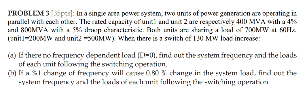 Solved PROBLEM 3 [35pts]: In a single area power system, two | Chegg.com