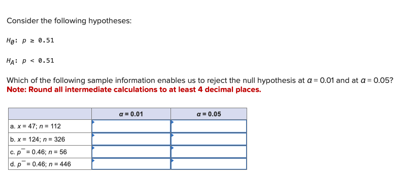 Solved Consider the following hypotheses: H0:p≥0.51HA:p