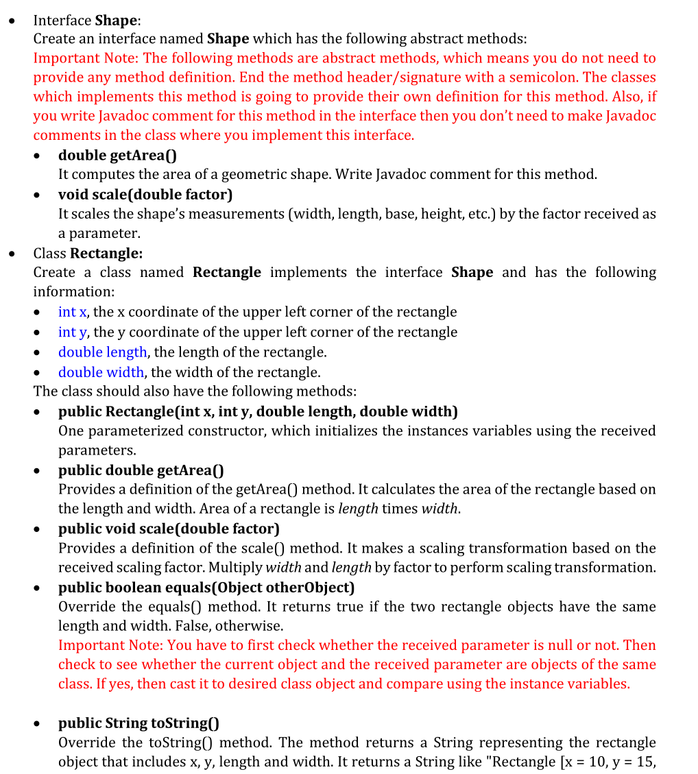 Solved . . . . Interface Shape: Create an interface named | Chegg.com