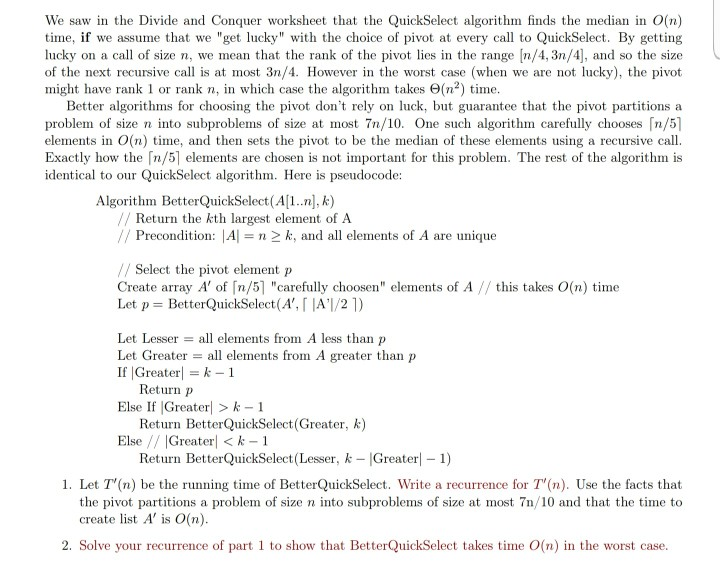 Solved We saw in the Divide and Conquer worksheet that the | Chegg.com