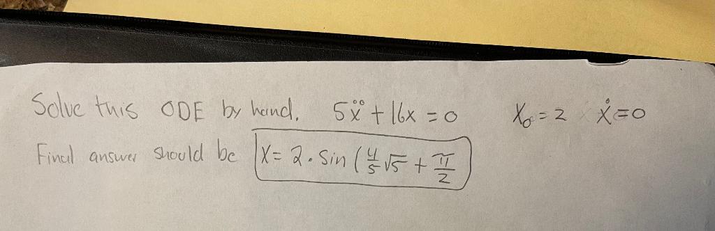 Solved Solve this ODE by hand. 5x¨+16x=0x0=2x˙=0 Final | Chegg.com