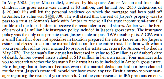 Solved In May 2008, Jasper Mason died, survived by his | Chegg.com
