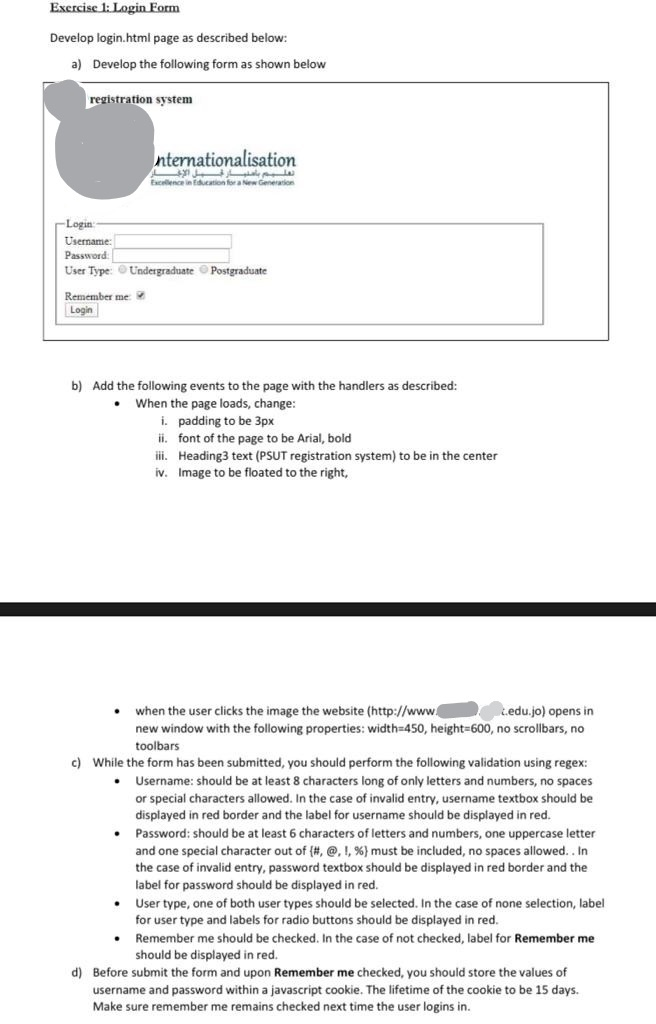 Solved Develop login.html page as described below: a) | Chegg.com