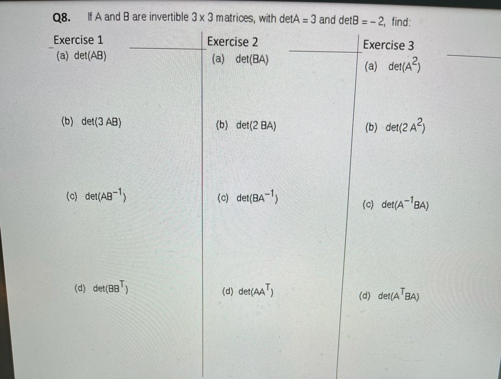 Solved Q8. If A and B are invertible 3×3 matrices, with | Chegg.com