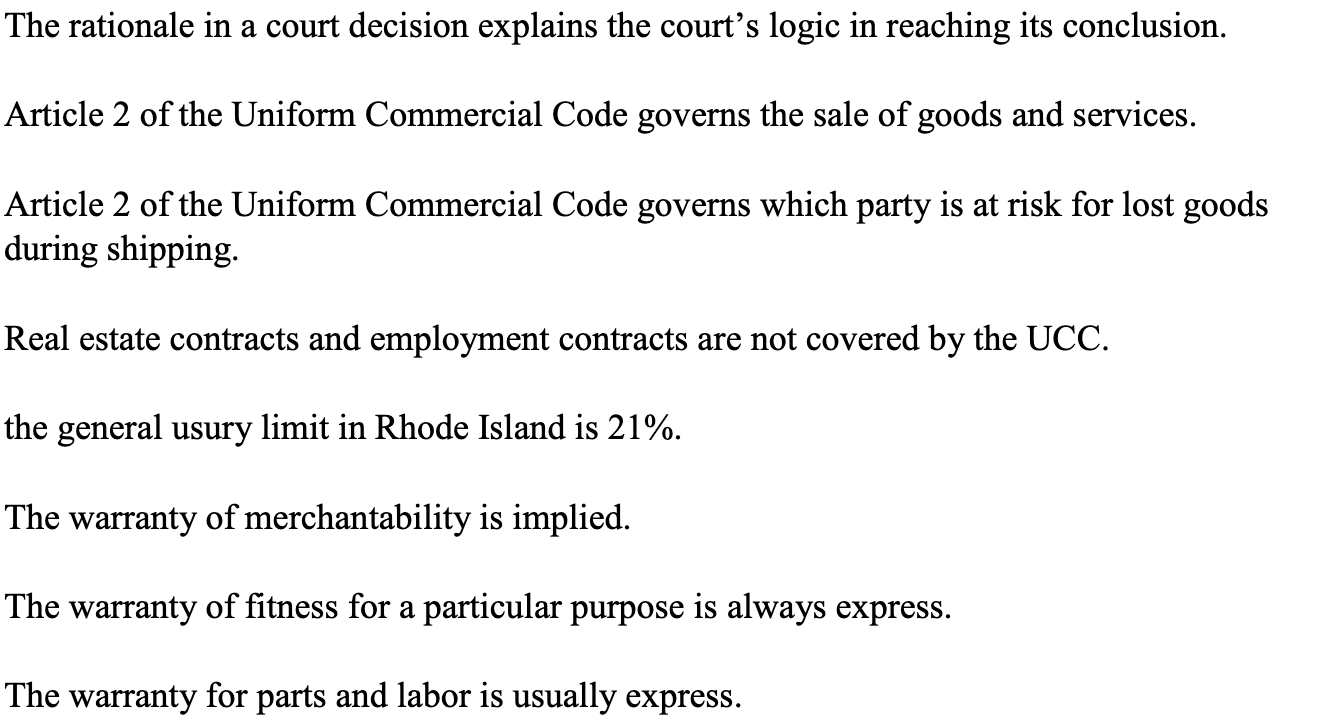 Solved True or False Questions The rationale in a court | Chegg.com