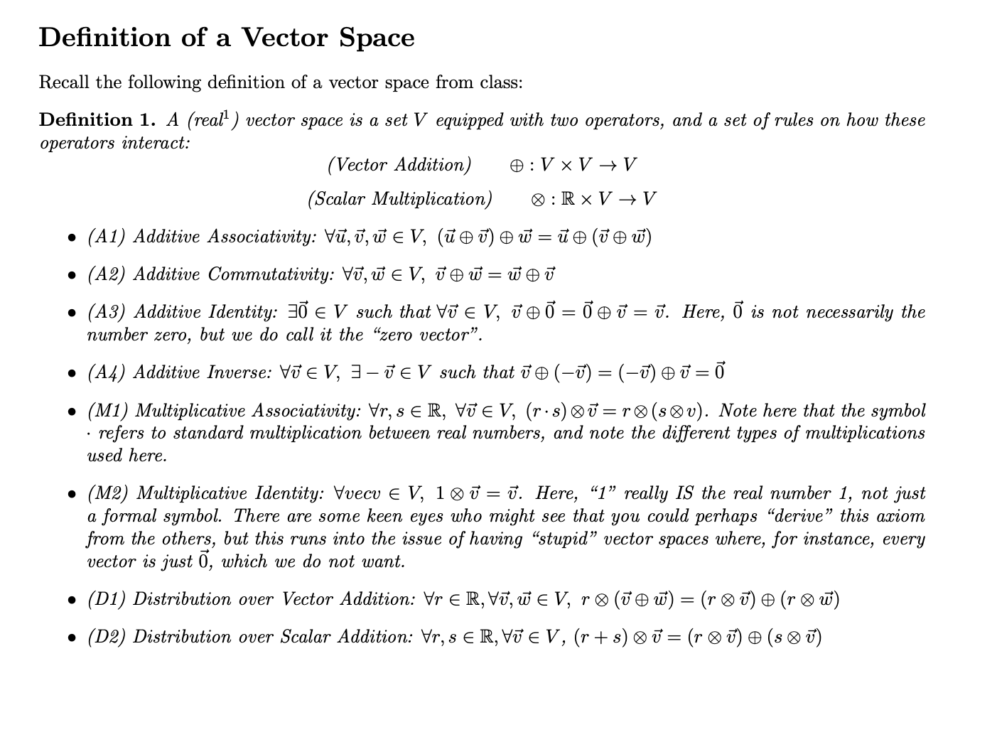 Solved Recall the following definition of a vector space | Chegg.com