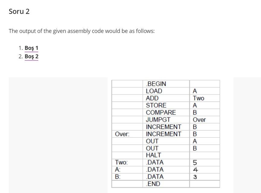 Solved Soru 2 The output of the given assembly code would be | Chegg.com