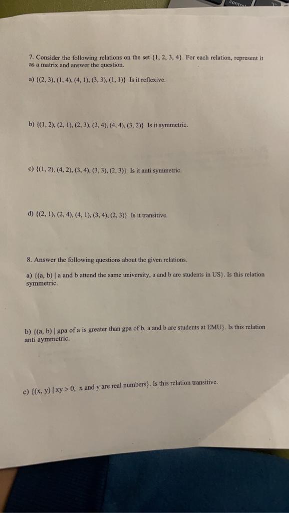 Solved 7. Consider the following relations on the set | Chegg.com