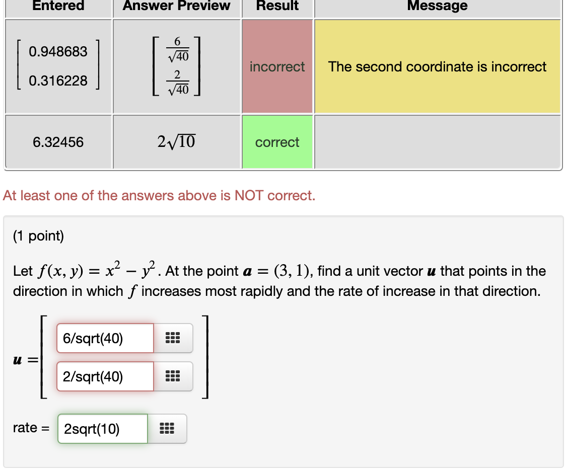 Solved Entered Answer Preview Result Message 6 0.948683 140 | Chegg.com