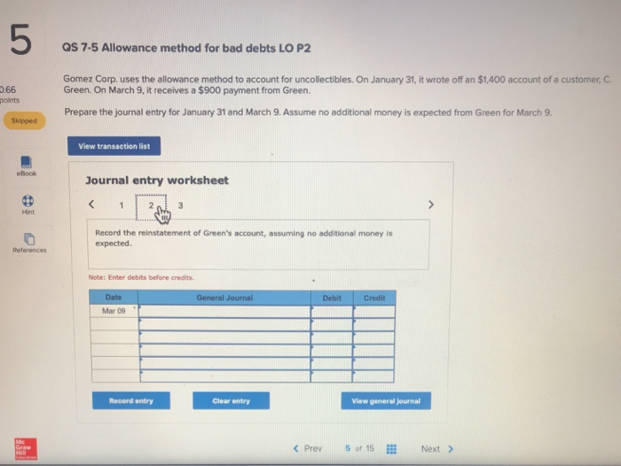 Solved 07 Homework Saved Hel 5 QS 7-5 Allowance method for | Chegg.com