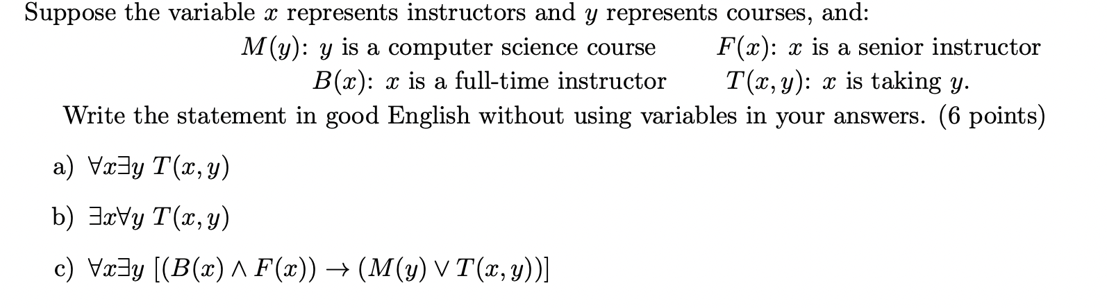 Solved Suppose the variable x represents instructors and y | Chegg.com