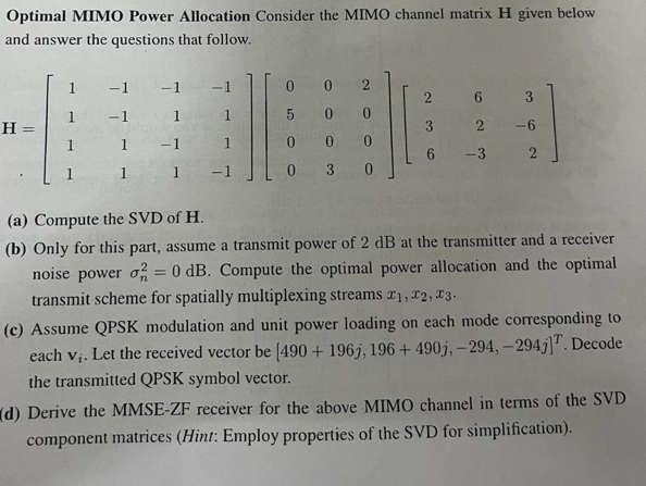 Solved Optimal MIMO Power Allocation Consider the MIMO | Chegg.com