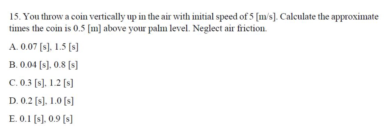 Solved 15. You throw a coin vertically up in the air with | Chegg.com