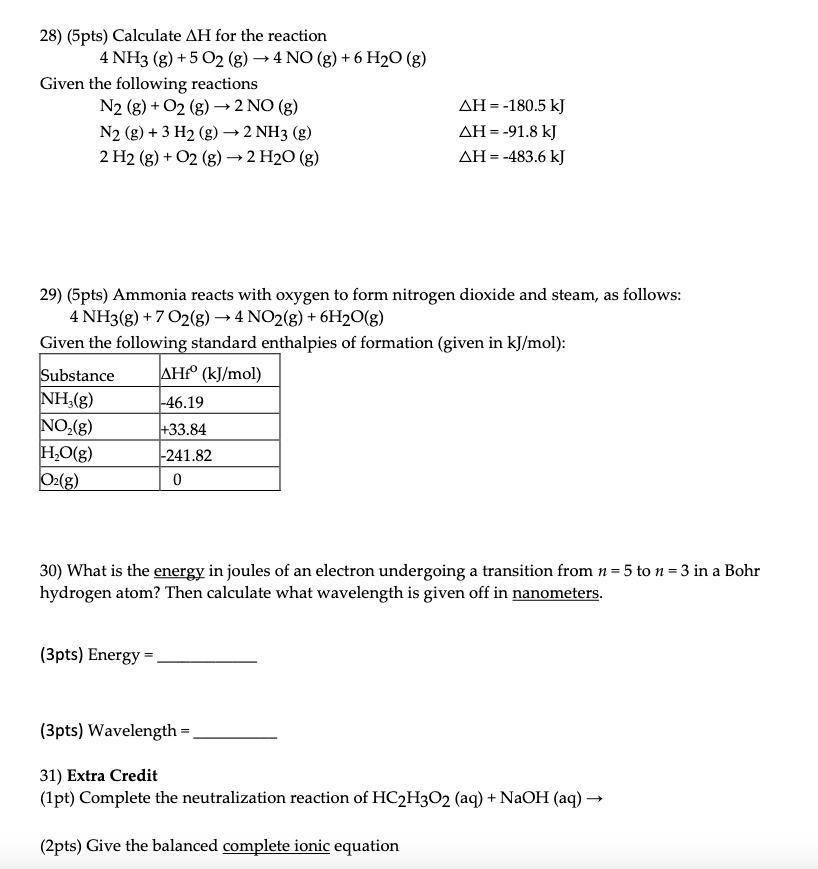 Solved 28) (5pts) Calculate AH for the reaction 4 NH3(g) +5 | Chegg.com
