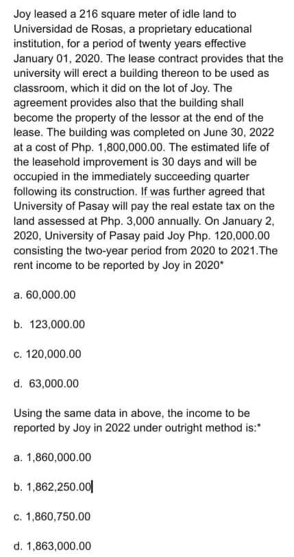 Solved Joy leased a 216 square meter of idle land to | Chegg.com
