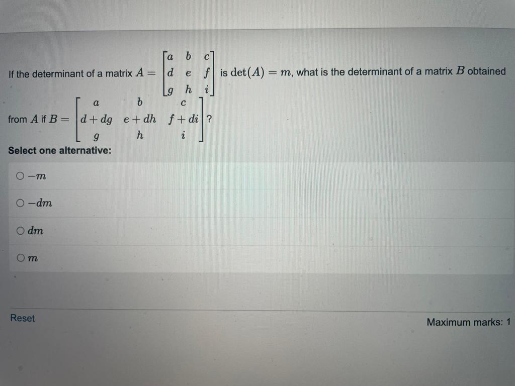 Solved e га b с If the determinant of a matrix A= d fis | Chegg.com