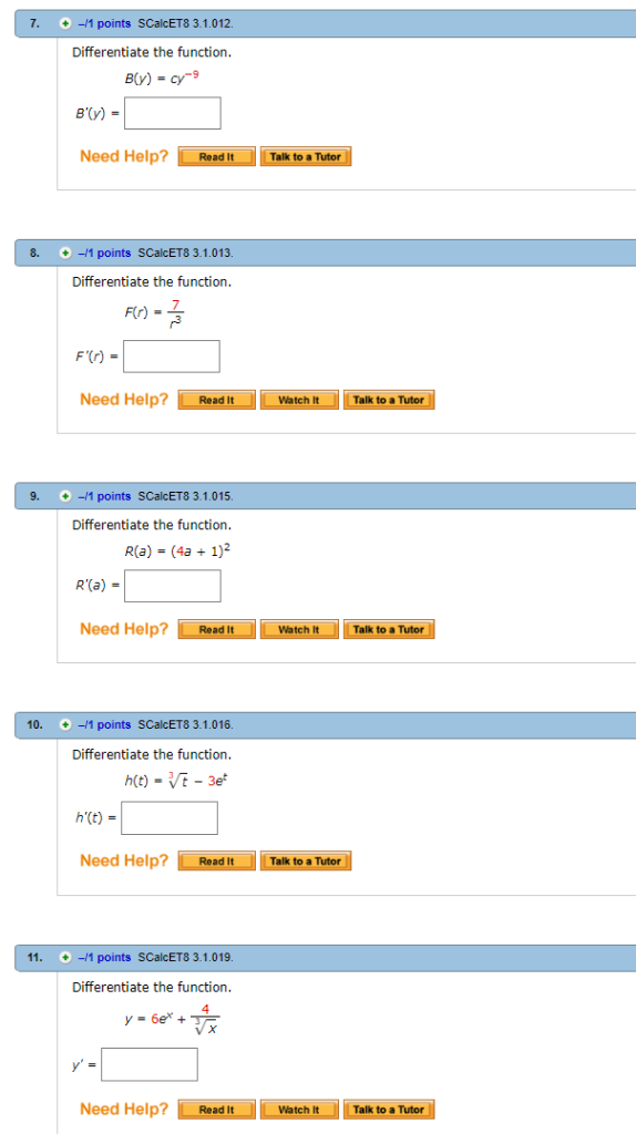 Solved 7. /1 points SCalcET8 3.1.012 Differentiate the | Chegg.com