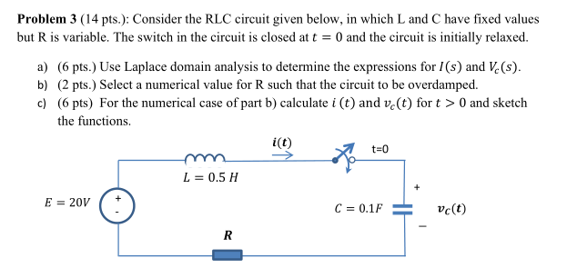 Solved Problem 3 (14 pts.): Consider the RLC circuit given | Chegg.com