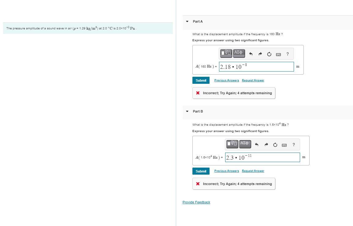Solved The pressure amplitude of a sound wave in air (ρ=1.29 | Chegg.com