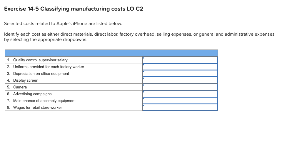 Solved Exercise 14-5 Classifying manufacturing costs LO C2 | Chegg.com Solved Exercise 14-5 Classifying manufacturing costs LO C2 | Chegg.com