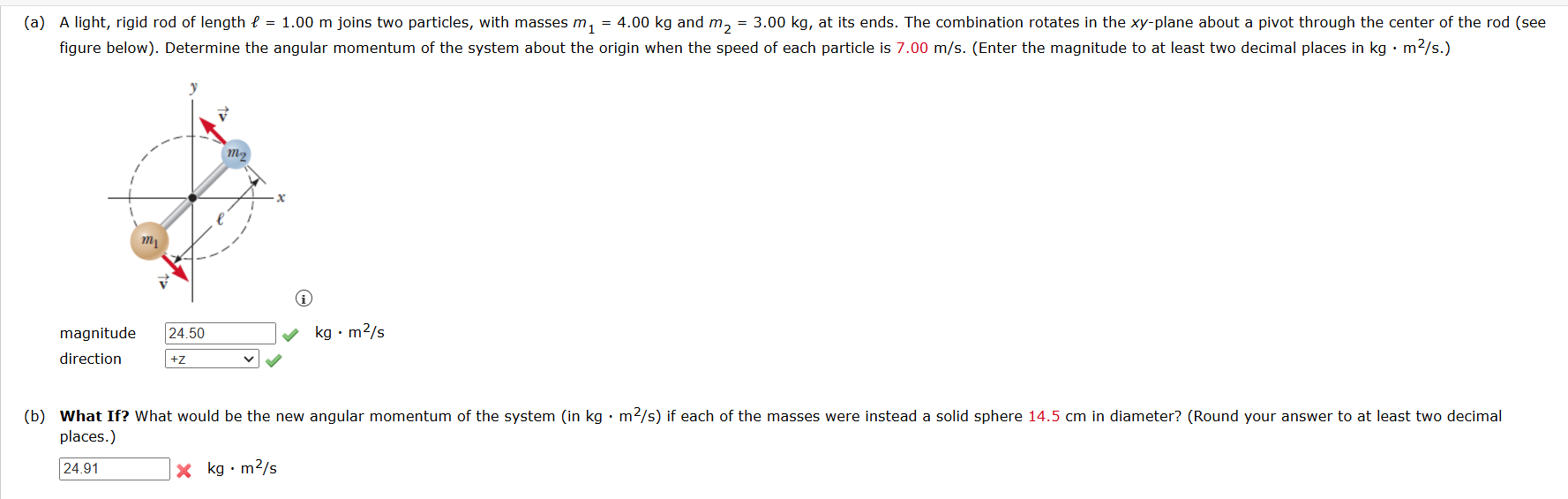 Solved (a) ﻿A light, rigid rod of ﻿length l=1.00m ﻿joins two | Chegg.com