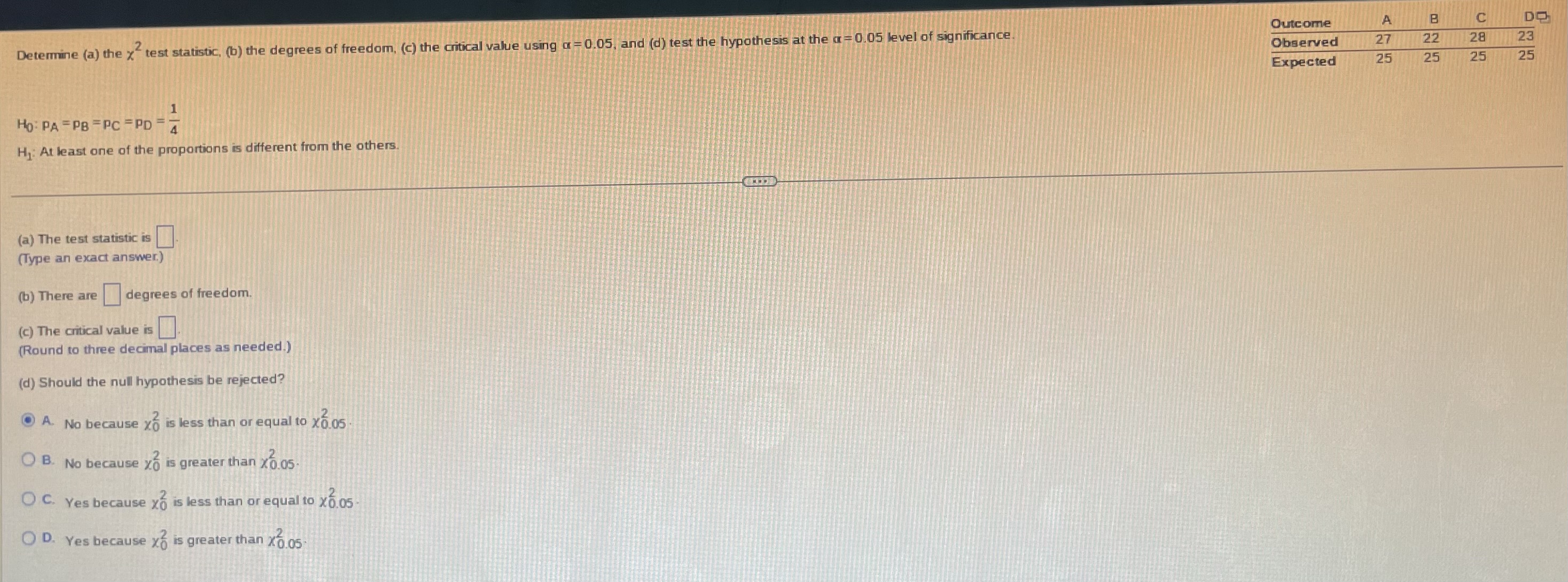 H0:PA=PB=PC=PD=41 H1 : At least one of the | Chegg.com
