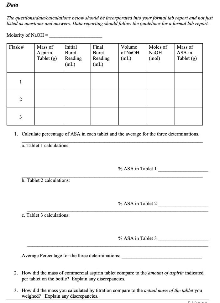 CHM 111-Formal Lab Determination of Acetylsalicylic | Chegg.com