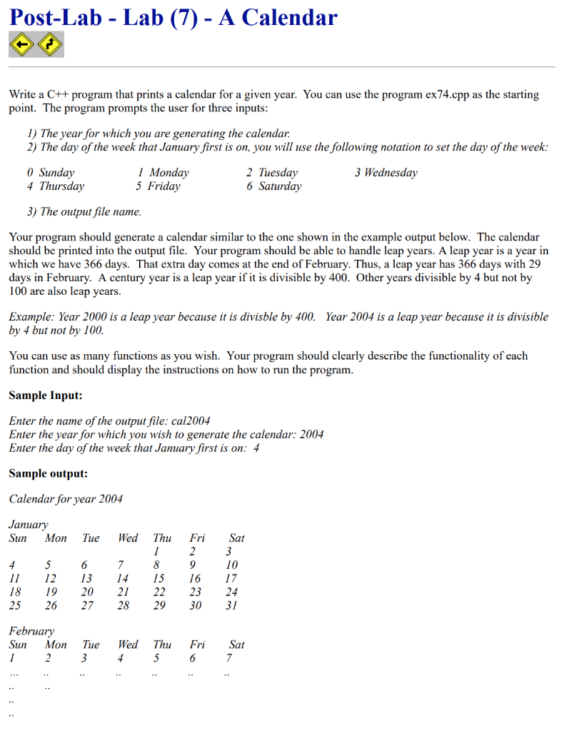 Solved Post-Lab - Lab (7) - A Calendar Write a C++ program | Chegg.com