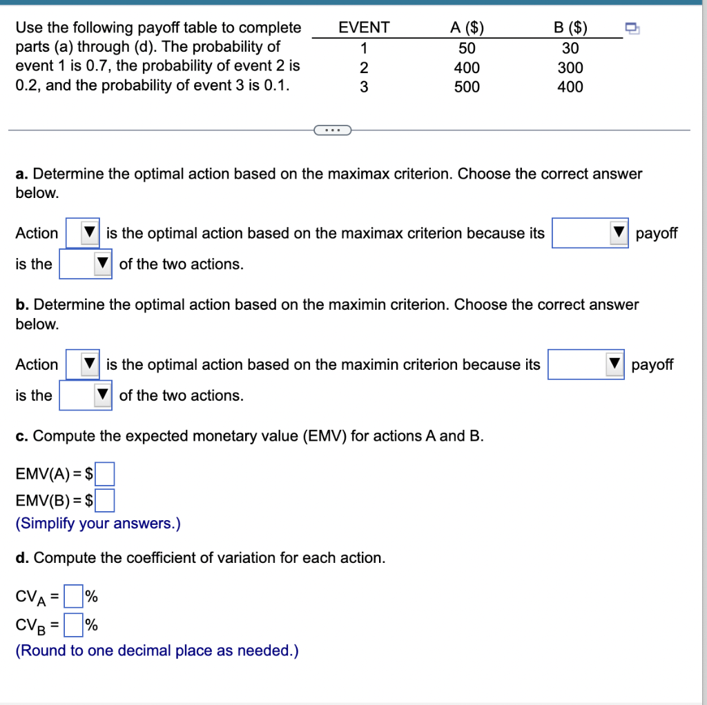 Solved Use the following payoff table to complete parts (a) | Chegg.com